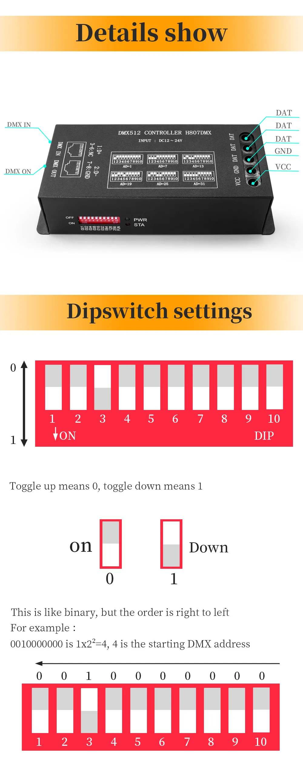 DMX512 to SPI RGB H807DMX LED Controller for pixel led strip