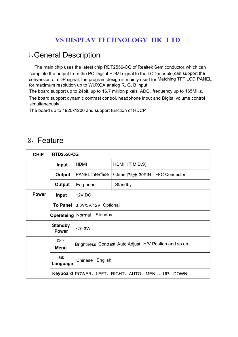 Vsdisplay Driver Board HDMI EDP 30 Pin Lcd Controller Board
