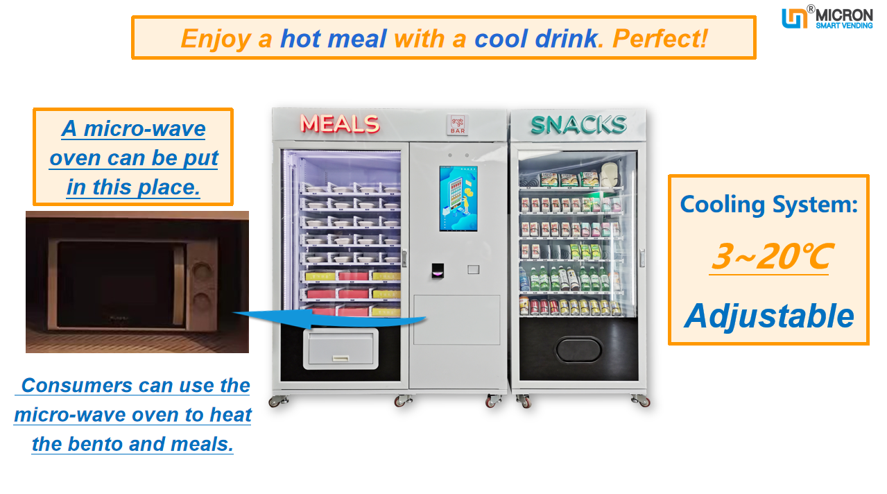 Cooked food meal drink vending machine with microwave oven