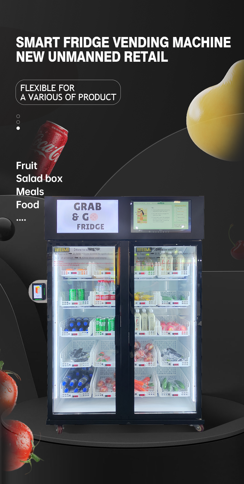 Office vending machine for healthy food meals snacks drinks fruits coffee