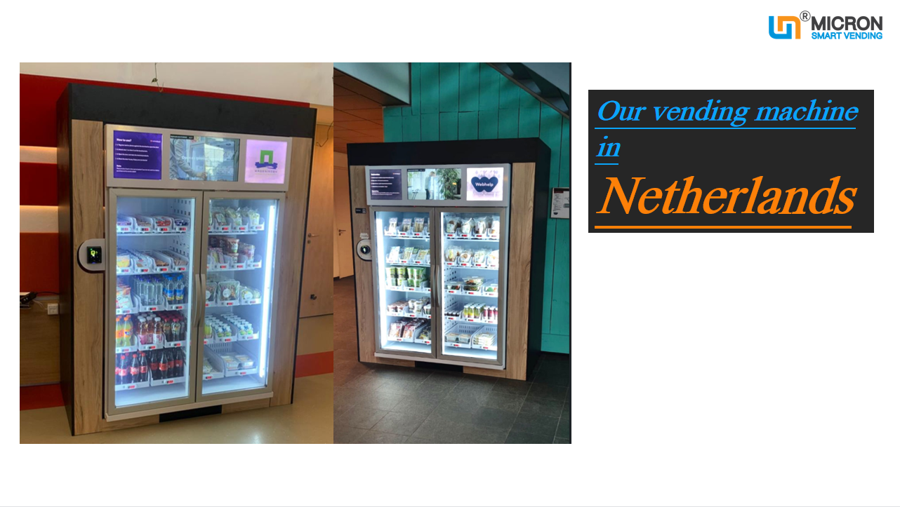 Office vending machine for healthy food meals snacks drinks fruits coffee