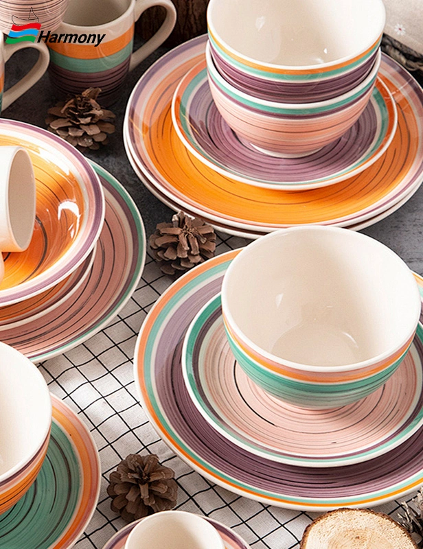 multicolor dinner set with brown line