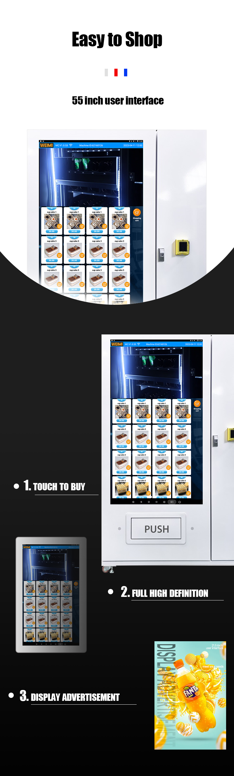 55-inch touchscreen smart vending machine with telemetry
