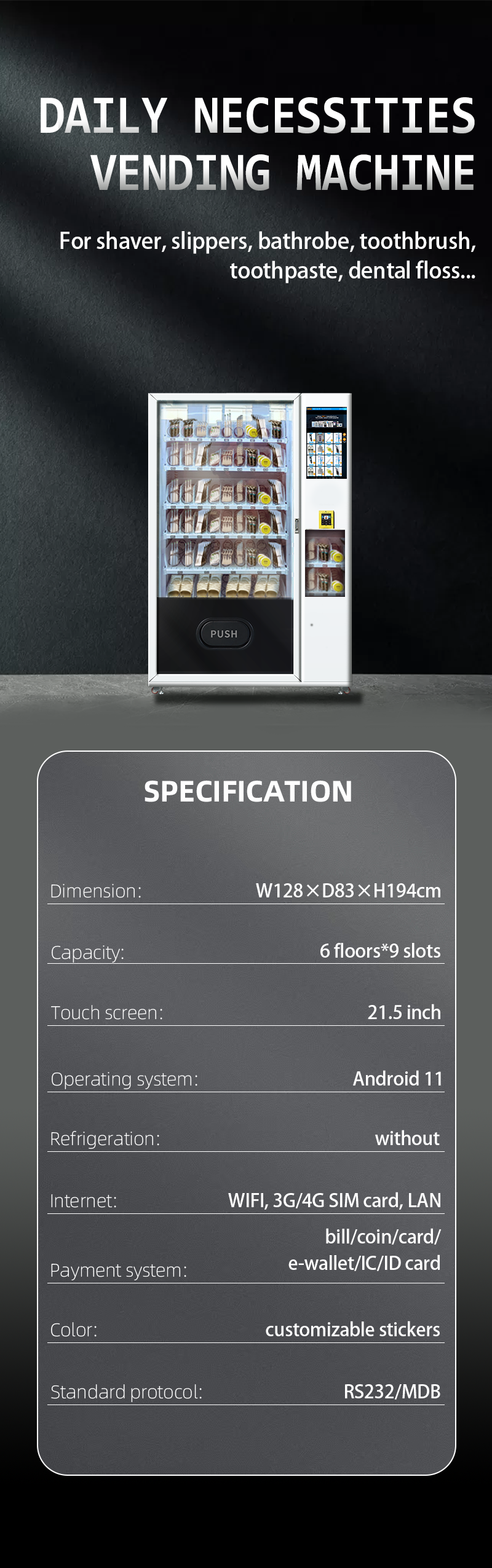 Towels Slippers Toothbrush Vending Machine with Card Reader